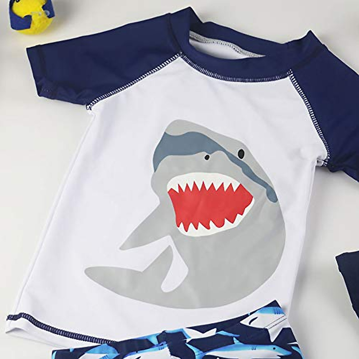 Baby Boys Two Piece Swimsuits Rash Guard Short Sleeve Shark Bathing Suit Swimwear Sets with Hat UPF 50+ for Kids (White Shark, 6-7 Years)