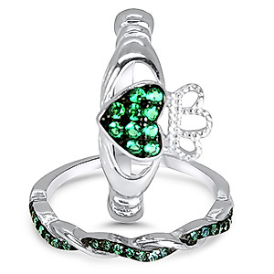 His Hers Celtic Wedding Ring Set TRIO 3 PCS Simulated Emerald Bridal Set Silver Black 316L Steel Him Her