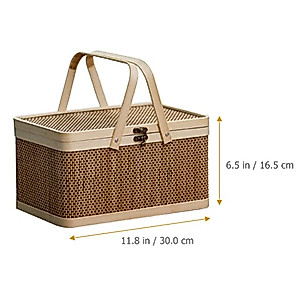 Gadpiparty Large Bamboo Basket Natural -Friendly Woven Basket Bamboo Picnic Basket with Lid Handheld Snacks Bread Storage Basket for Camping - 11.79X7.86X6.48inch