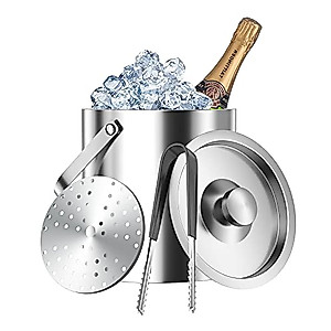 AYOTEE Double Wall Ice Bucket with Lid, Ice Tongs and Strainer,3.3L Insulated Ice Bucket for Cocktail Bar, Wine, Home Bar Accessories, Parties, Champagne Bucket