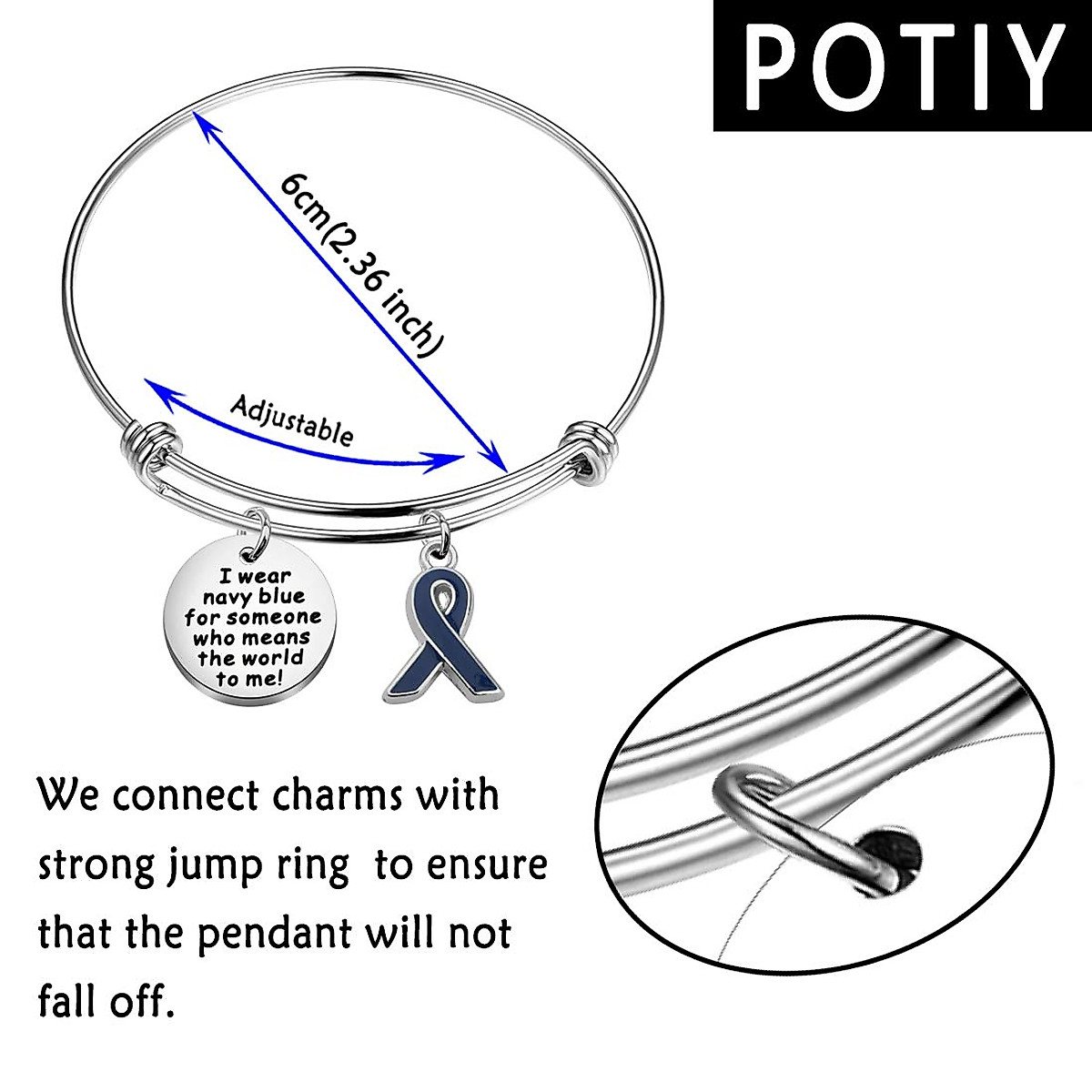 POTIY Blue Ribbon Awareness Charm Colon Cancer Fighter Bracelet Dark Blue Awareness Ribbon Gift Inspirational Bracelet for Cancer Survivor (Blue Bracelet)