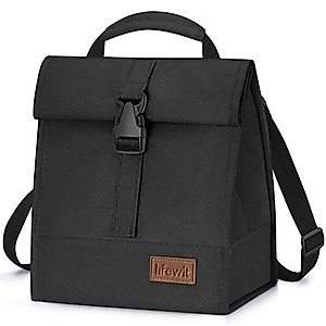 Lifewit Insulated Lunch Bag Rolltop, Reusable Lunch Box for Men Women Adults with Adjustable Shoulder Strap, Foldable Lunchbox Leakproof Cooler Bag for Office Work Picnic, 8L Black