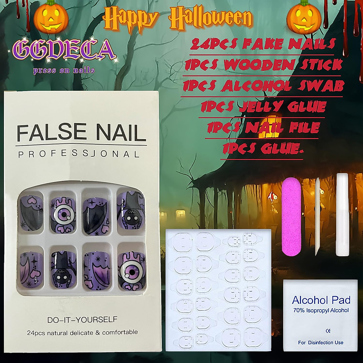 GGDECA Halloween Square Fake Nails Short Press on Nails Purple Glue on Nails Bat Ghost Love Eyeball Halloween Designs False Nails Acrylic Glossy Nails for Women Halloween Halloween Manicure Art 24Pcs