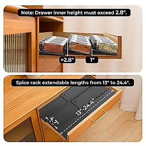 Homhut Spice Drawer Organizer, 4 Tier- 4 Pack Drawer Seasoning Organizer Expandable from 13" to 24.4", Spice Rack for Kitchen Drawers, Spice Organization Insert Tray for Drawer (Jars not included)