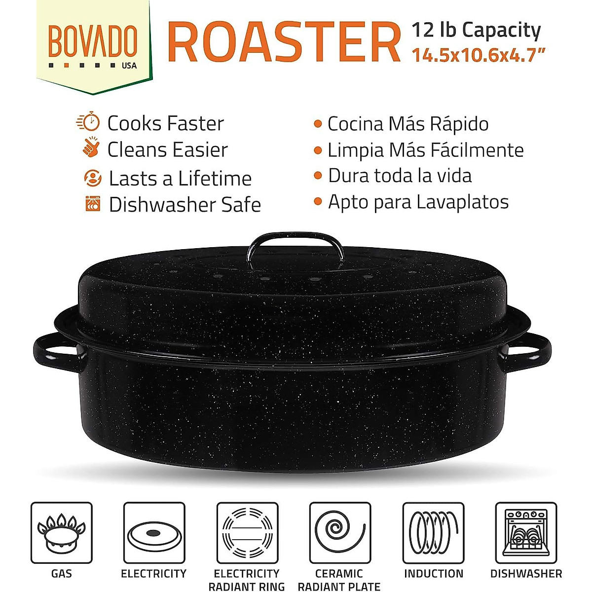 Bovado 15.5" Enamel Oval Turkey Roaster with Lid - 12lb Capacity, Nonstick, Dishwasher Safe