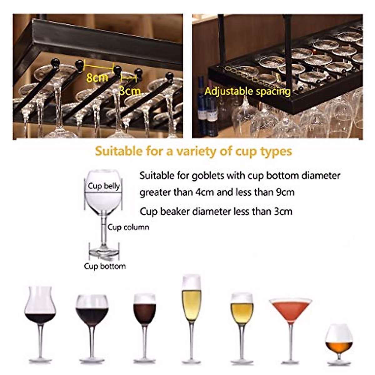 Ceiling Stylish Simplicity Industrial Retro Wine Glass Stylish Simplicity Rack Iron Metal Creative Display Inverted High Glass Rack Bar Restaurant Kitchen Floating Wine Rack Wine Glass Holder (Black