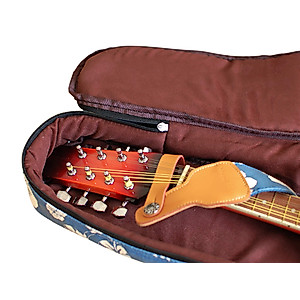 MUSIC FIRST Original Design 15mm Thick Padded Hawaii Style “Blue and White Plumeria” Canvas A & F Style (Standard) Mandolin Gig Bag Soft Mandolin Case Fits for Most of A Mandolin, Salute ELVIS