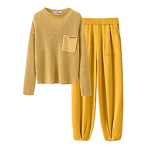 ANRABESS Women's Two Piece Outfits Long Sleeve Knit Top Fall Sweater Set Oversized Pants Tracksuit Lounge Sets Yellow Medium