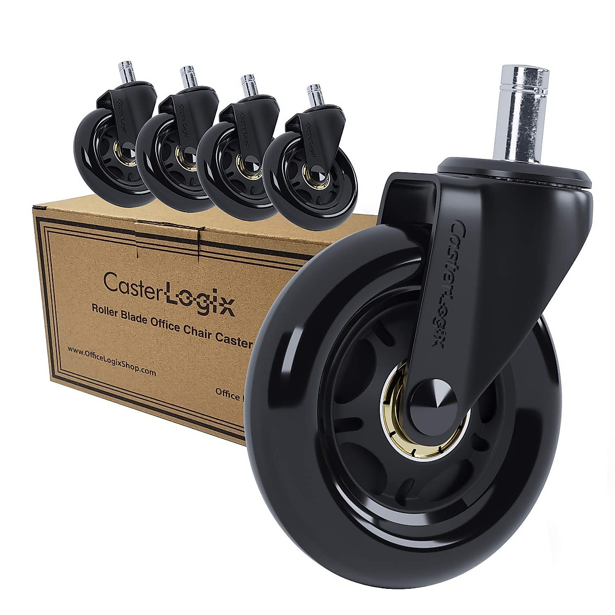 Office Chair Caster Wheels (Set of 5) [Heavy Duty, Soft Rubber, Fully Safe for All Floors incl. Hard-Wood] Desk Chair Roller Style Caster Wheel Replacement - Black Color