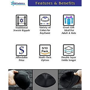 HolYudaica Pack of 5-Pcs - Hq 18/19/20CM Satin/Linen Kippah for Men & Boys, Yamaka Hat Designed in Israel - Kippot Bulk (Black, Satin)