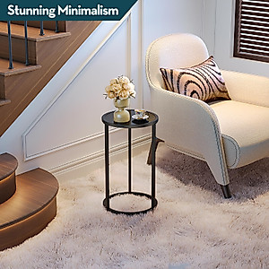 SAYGOER Small Side Table Round Glass End Table for Small Spaces Narrow Couch Night Stand Modern Bedside Table with Black Metal Frame for Bedroom Living Room, Easy Assembly