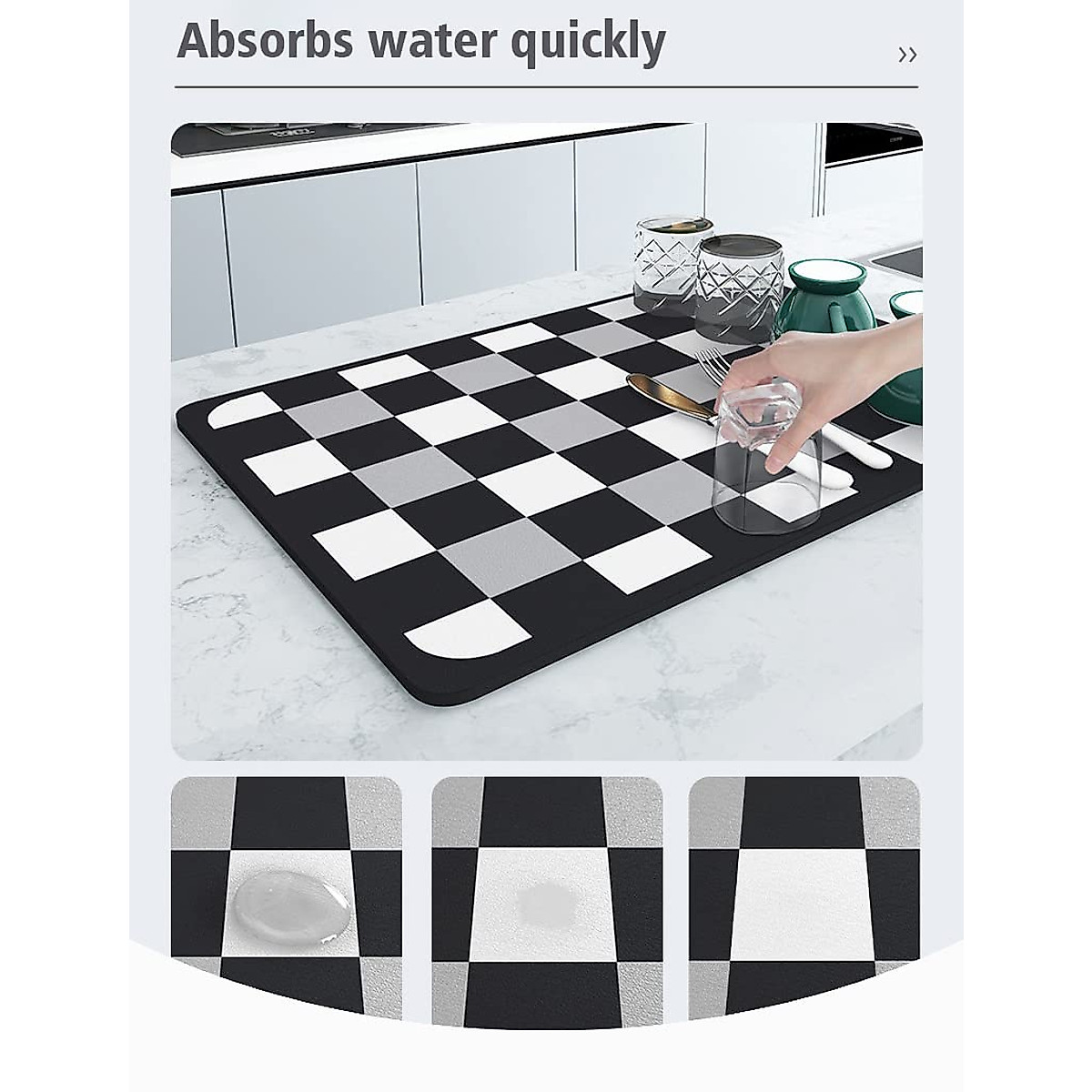 Dish Drying Mat, Kichen Mats, Easy clean, Heat-resistant PVC Mats for Kitchen Counter, Coffee, Bars, Restaurants Counter Top, Kitchen Mat Contain Diatomaceous earth (20x16 Inch Black-White Plaid)