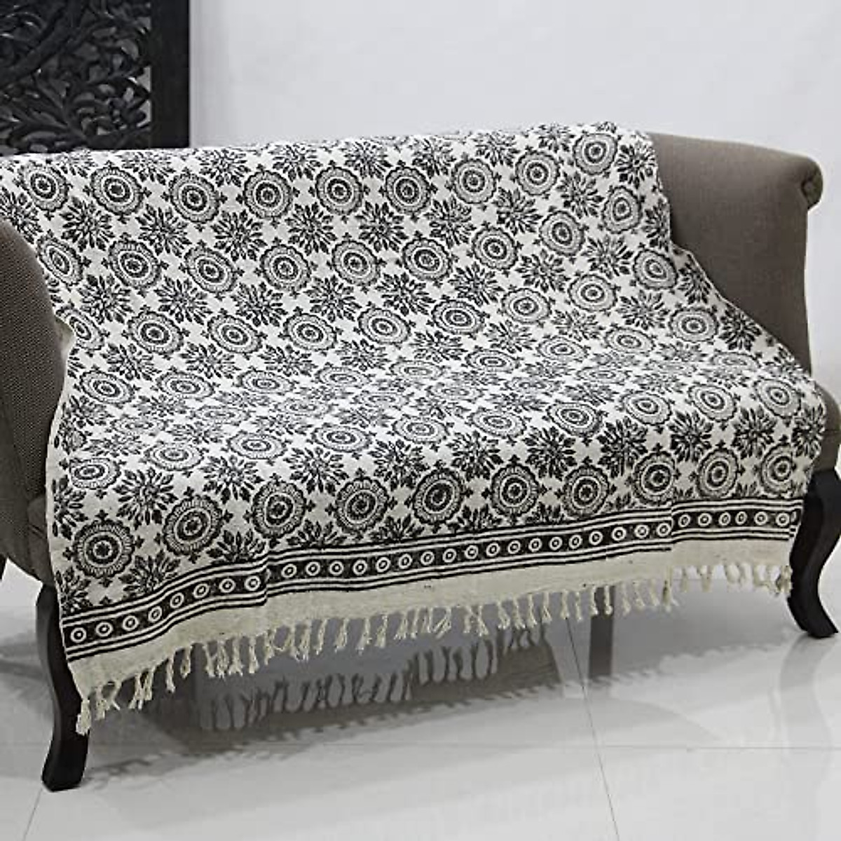 InstyleCraft - Cotton Throw Blanket - Woven Warm Boho Decor Couch Chair Sofa Bed Kitchen Living Room - Block-Printed - Chair Blanket with Tassels for Outdoor Camping Beach Picnic