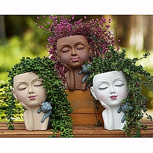 JYTTI Face Planters Pots Head Planter, Face Planter, Face Plant Pot Heads, Statue Plant Pots Indoor, Succulent Flower Pots with Drainage, Cat Lady Planters for Indoor/Outdoor Plants(7 Inch Khaki)