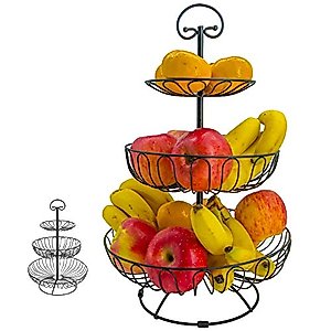 KLEVERISE 3 Tier Fruit Basket Bowl - Heavy Duty Metal Fruit Stand Holder for Cup Cake, Black
