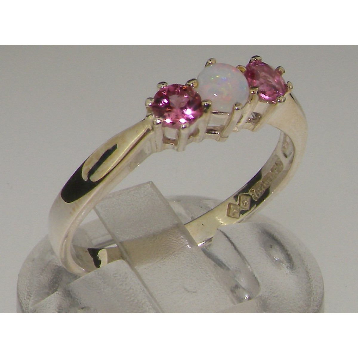LetsBuyGold 925 Sterling Silver Real Genuine Opal and Pink Tourmaline Womens Trilogy Anniversary Ring - Size 7