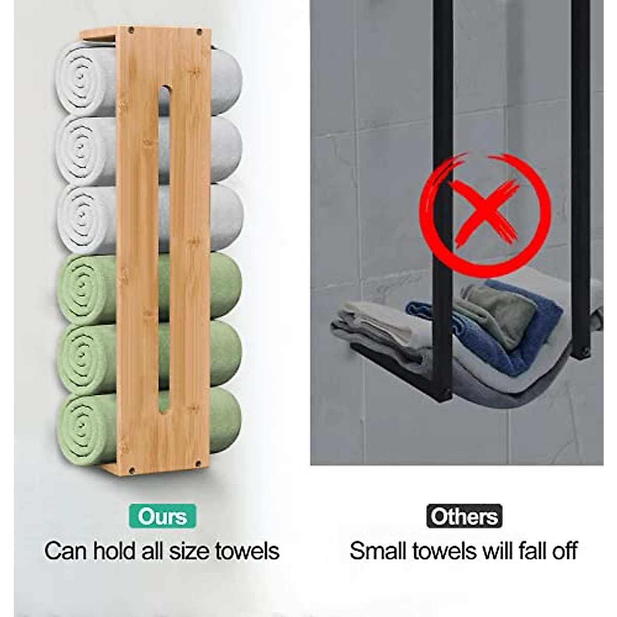 Purbambo Rolled Towel Rack Wall Mounted, Bathroom Bamboo Towel Holder Shelf, Rolled Bath Towels Storage Organizer