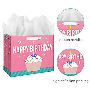 13" Large Happy Birthday Gift Bag with Tissue Paper and Card for Girls kids Birthday Party (Cupcake)