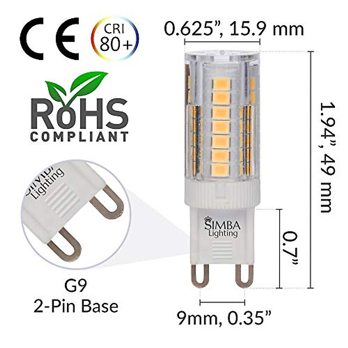 Simba Lighting G9 LED Light Bulb (5 Pack) 4W T4 40W Halogen Replacement for Pendants, Ceiling Lights, Desk Lamp, Wall Sconce, 120V JCD Bi-Pin Base Non-Dimmable, 3000K Soft White