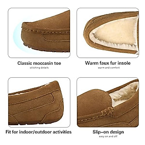 DREAM PAIRS Men's House Slippers Moccasin Indoor Outdoor Fuzzy Furry Loafers Suede Leather Warm Comfortable Shoes,Size 15,Tan