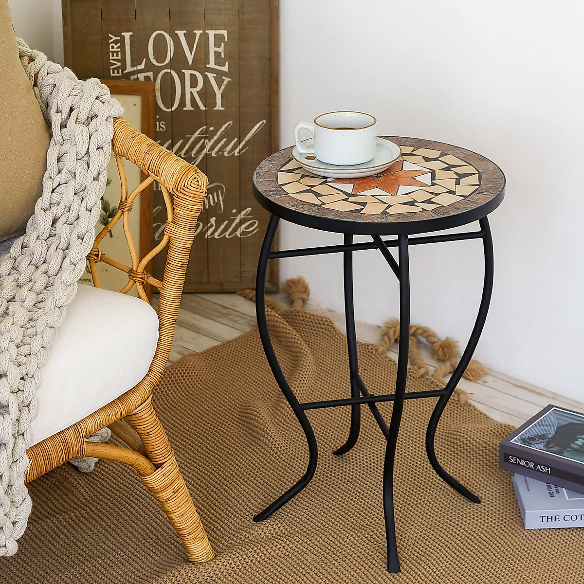 VONLUCE Mosaic Side Table and Plant Stand, 21" Round End Table with 14" Ceramic Tile Top, Indoor & Outdoor Accent Table, Porch Patio Furniture, Entryway & Coffee Table for Home & Garden, Maple