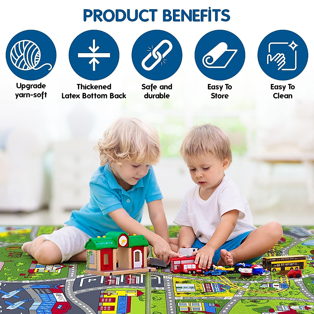 Booooom Jackson Pack 2 Train Car Rugs for Toy Cars,Car Mat,Road Rug,Kids Car Carpet Playmat Rug,Kids Car Rug Play Mat,Fun Car Play Area Rug,Non Slip Kids Car Play Rug for Playroom Bedroom