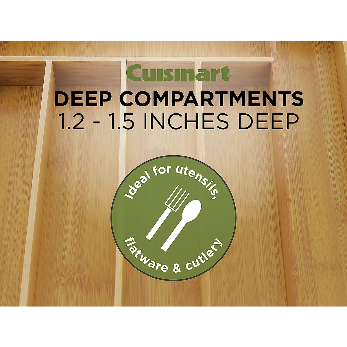 Cuisinart 9 Compartment Adjustable Bamboo Utensil Organizer – Ideal for Keeping Kitchen Supplies and Silverware Organized – Flatware Drawer Tray for Multi-Purpose Storage 18 x 13 x 2 Inches