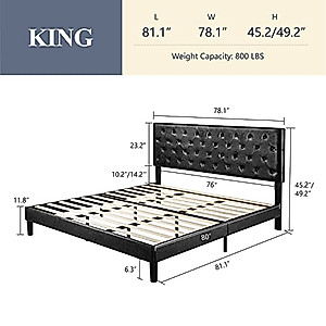 Allewie King Bed Frame with Adjustable Diamond Stitched Button Tufted Headboard/Faux Leather Upholstered Platform Bed with Easy-Assembly Wood slats, Black