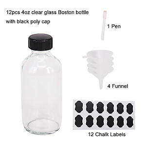 BPFY 12 Pack Clear 4 oz Glass Bottle with Caps, Funnel, Chalk Labels, Pen, Vanilla Extract Bottle, Boston Bottles for Potion, Juice, Ginger Shots, Turmeric Shot, Whiskey, Herbal Medicine, Maple Syrup