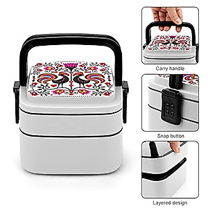 Folk Roosters Lunch Box Portable Double-Layer Bento Box Large Capacity Lunch Container Food Container with Spoon