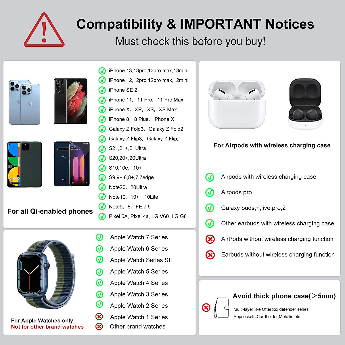 Wireless Charger for Apple Multiple Devices, iphone Charging Station for iPhone 13/13 Pro/13 Pro Max/12/12 Pro Max/11/X, 3 in 1 Wireless Charger Stand Dock for Apple Watch Series, AirPods Pro