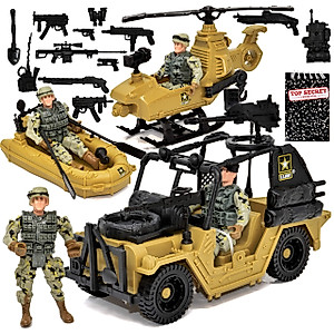 US Army Men Action Figure Toy Playset for Boys Desert Forces and Rescue Team Military Vehicle, Rescue Boat and Helicopter 4 Military Men Action Figures with Weapon Accessories and Top Secret Notepad