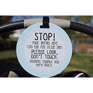 THREE LITTLE TOTS – Blue Stop Please Look Don't Touch Baby Car Seat Sign or Stroller Tag - CPSIA Safety Tested