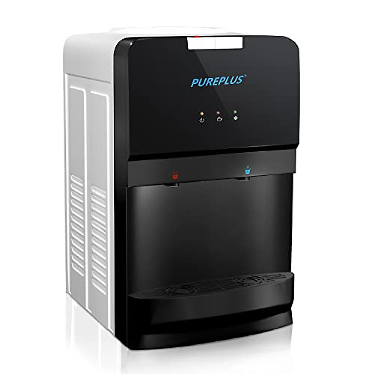 PUREPLUS Water Cooler Top Loading Countertop Water Cooler Dispenser, Hot & Cold Water, Child Safety Lock, Holds 3 or 5 Gallon Bottles, Compression Refrigeration Technology, White