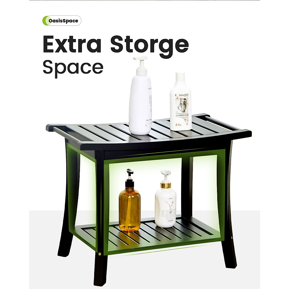 OasisSpace Bamboo Shower Bench with Storage Shelf, 24" Black Shower Stool for Inside Shower Waterproof, Spa Seat Bath Stool Organizer for Shaving Legs, Bathroom Shower Chair for Adults Elderly