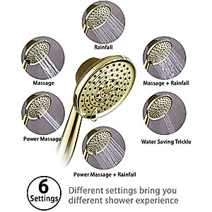 G-Promise Luxury High Pressure 5“ Face 6 Setting Detachable Handheld Shower Head with Extra Long Flexible Metal Hose(70” Stretches to 75”), Adjustable Metal Holder, Polished Brass Finish (2.5GPM)