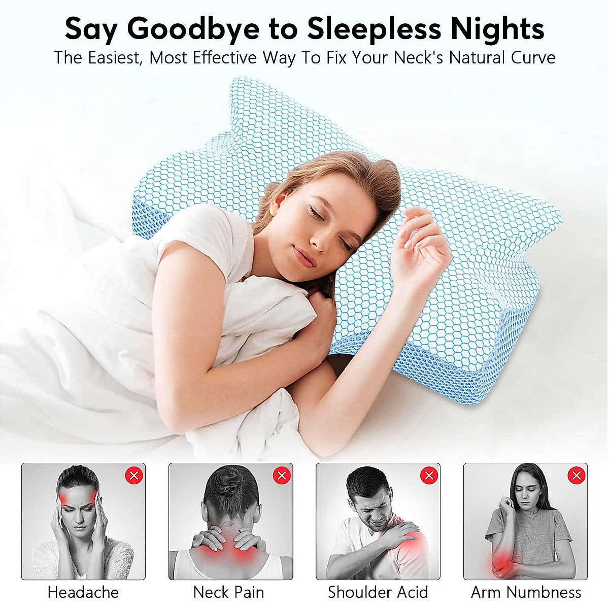 Anvo Cervical Neck Pillow for Neck and Shoulder Pain - Memory Foam Neck Pillows for Pain Relief Sleeping, Side Sleeper Pillow, Contour Orthopedic Firm Pillow for Back Stomach Sleeper - Blue