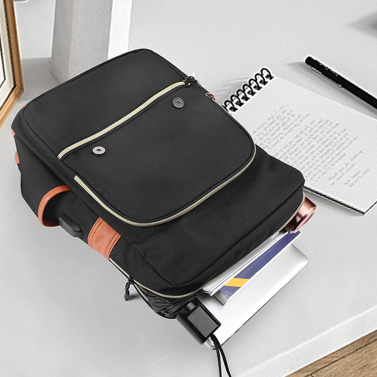 Mecrowd Vintage Laptop Backpack with USB Charging Port, Backpack for College School Student Fits up to 15.6 Inch Laptop Computer Backpack Casual Rucksack for Men Women (Black)