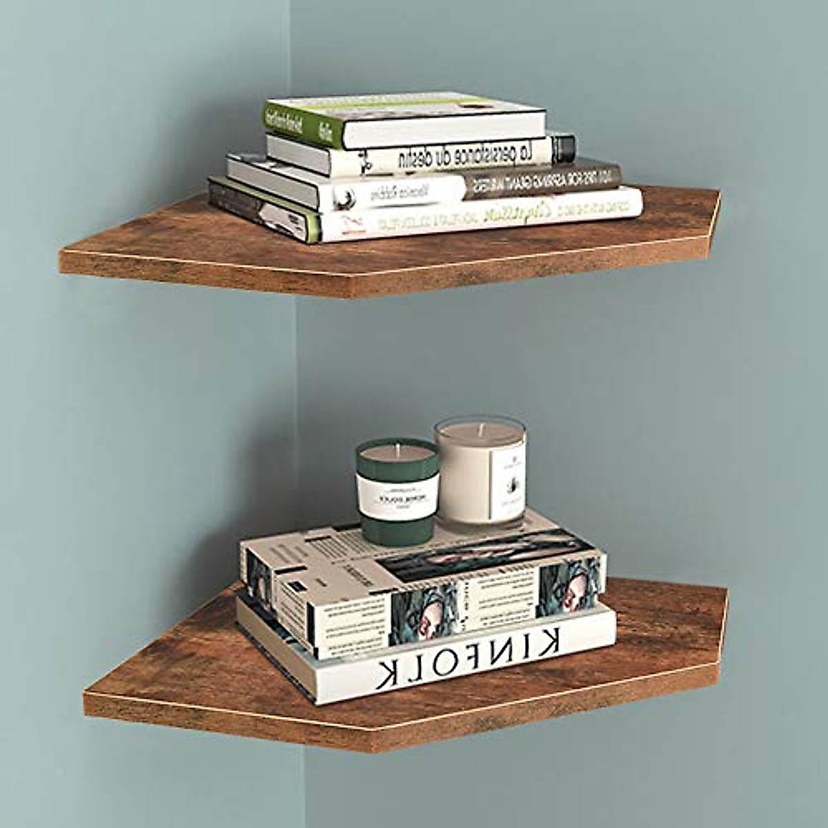 BCOZLUX Corner Shelf Wall Mount, Set of 2 Floating Corner Shelves, Wood Corner Hanging Shelf with Cable Hole for TV, Speaker WiFi Router, for Bathroom Bedroom Kitchen, Rustic Brown and Black