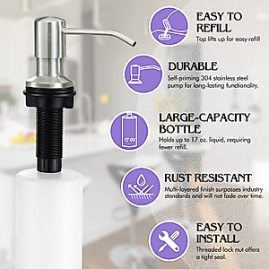Hoanmpy Kitchen Sink Soap Dispenser(Brushed Nickel) - Built in Sink Soap Dispenser, Stainless Steel, Pump Set for Dish Soap or Lotion, Refill from The Top,Soap Dispenser for Kitchen Sink,17 OZ