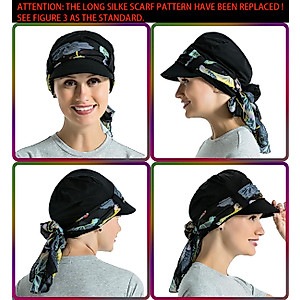 JarseHera Chemo Hats for Women Bamboo Cotton Lined Newsboy Caps with Scarf Double Loop Headwear for Cancer Hair Loss (2 Pair,Black+Light Gray)