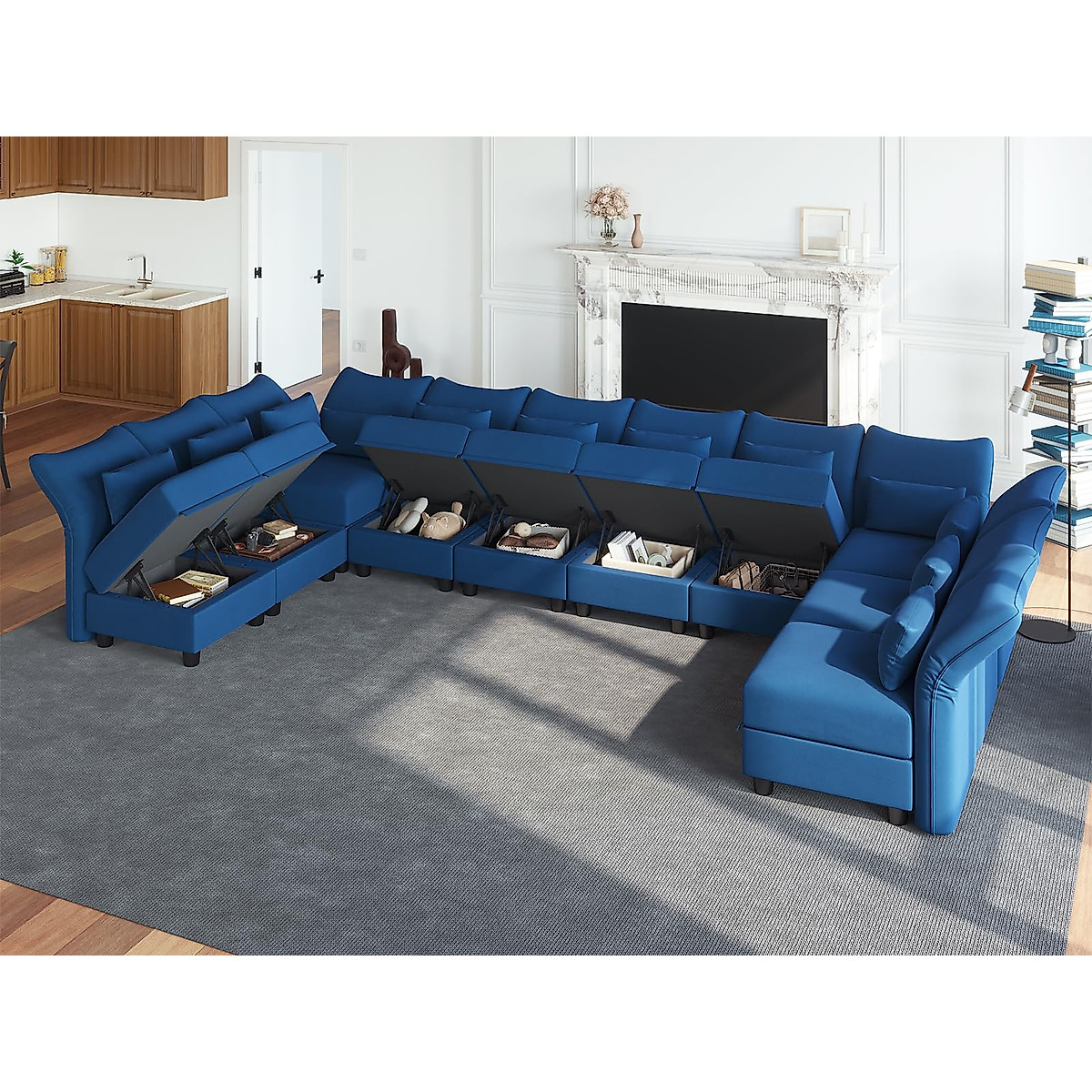 LLappuil Sectional Couch Convertible Oversize U Shaped Modular Sectional Sofa with Storage Easy Clean Anti-Scratch 10 Seat Velvet Sectional for Living Room, Blue