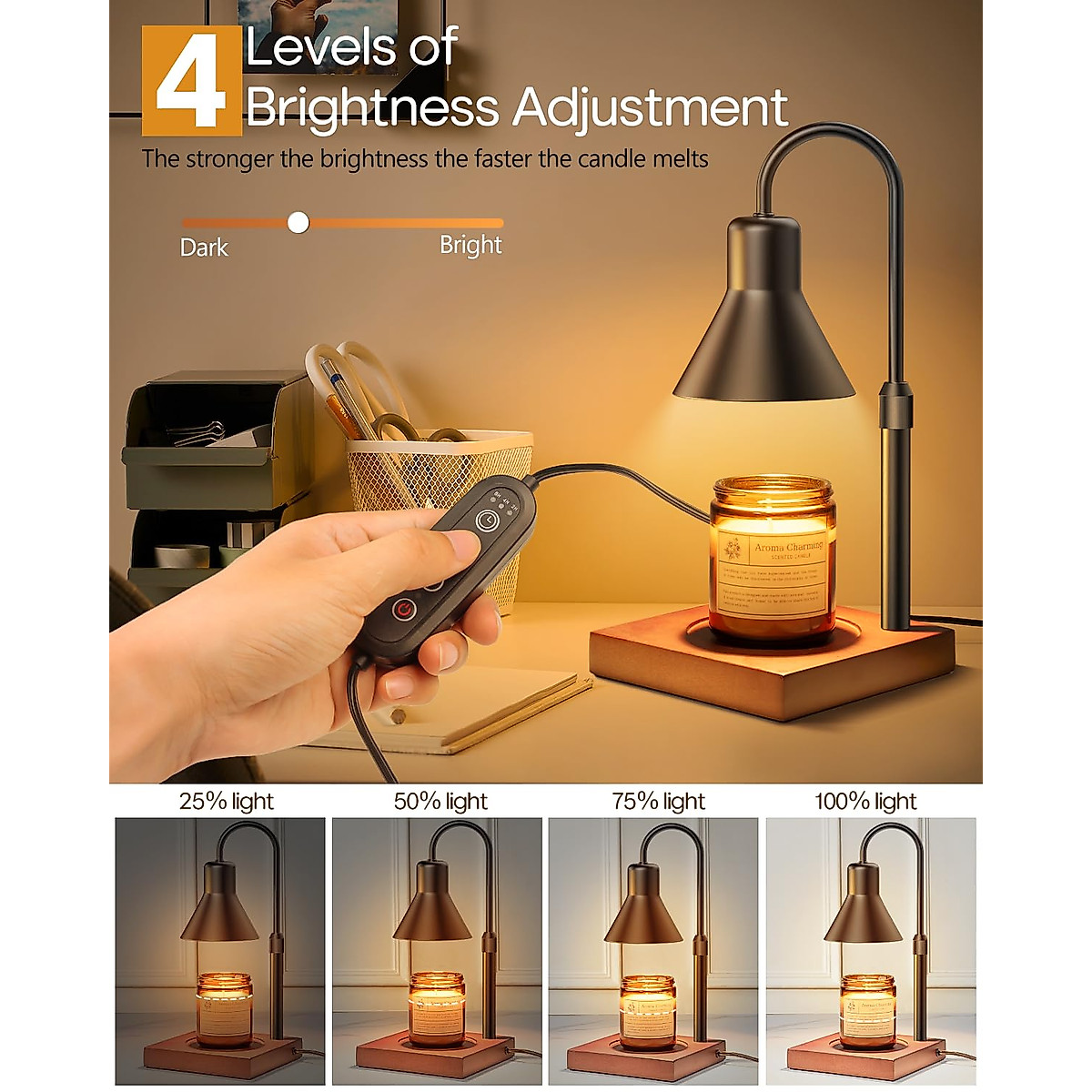 PRIORARE Candle Warmer Lamp with 2 x 50W Bulbs, 4-Gear Dimmer Electric Candle Warmer Oak Base, 2H/4H/8H Timer Candle Lamp, Scented Jar Candles Heater