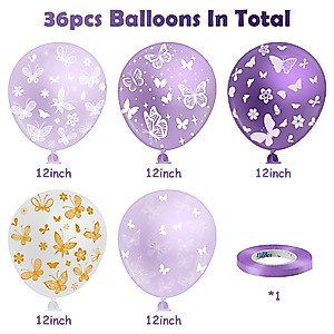 PANTIDE 36Pcs Butterfly Print Balloons 12 Inches Purple and White Latex Balloons Butterfly Fairy Patterns for Weeding Baby Shower Birthday Party Supplies Decorations Activities Graduation with Ribbon