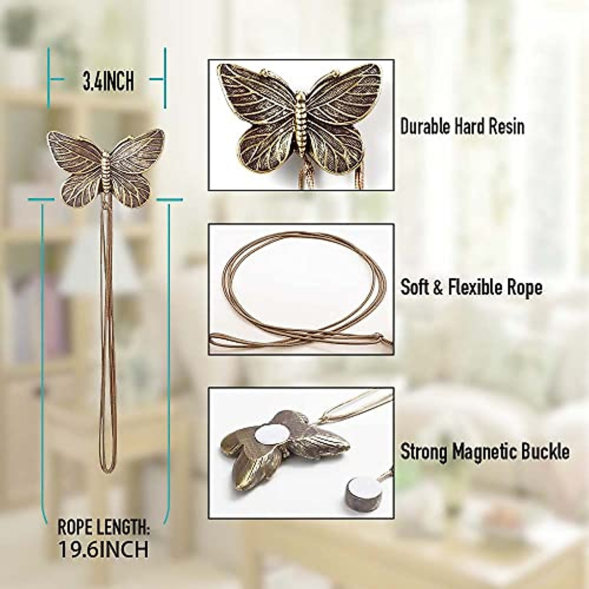 Vineland Retro Brown Butterfly Magnetic Curtain Tie Back, 2 Pack Decorative Resin Animal Boho Holder for Curtains Drape, Rustic Home Decoration