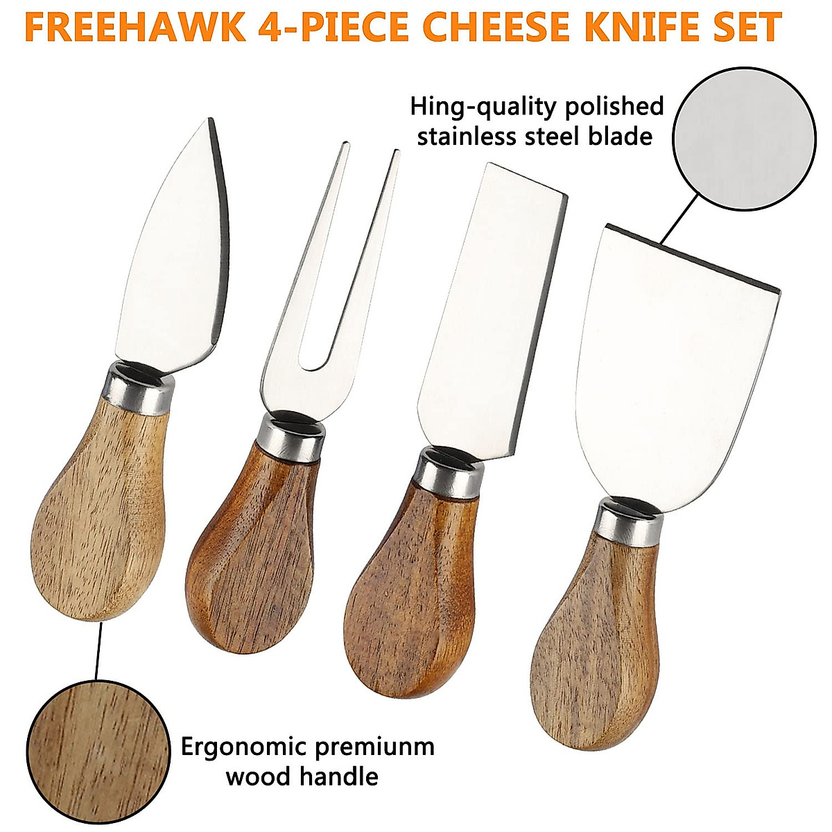 4-Piece Cheese Knife Set Butter Spreader Knives for Charcuterie Board, Acacia Wooden Handle Stainless Steel Cheese Knives with Cheese Slicer Cheese Cutter Cheese Shaver Cheese Fork