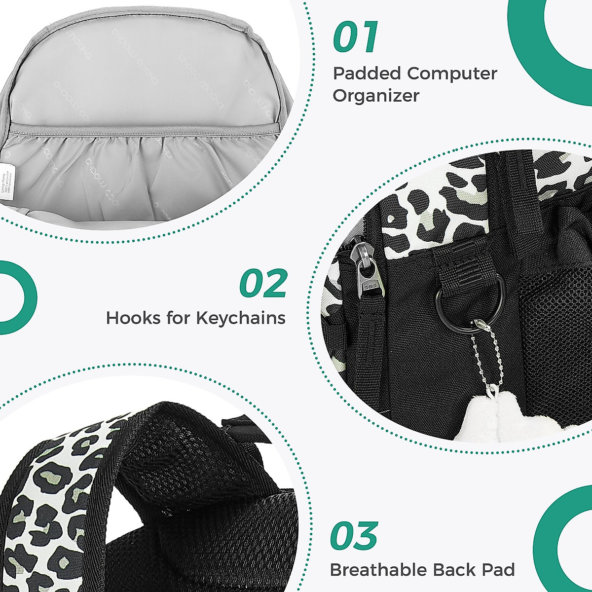 Choco Mocha Snow Leopard Backpack for Teen Girls, Travel School Backpack for Girls High Middle School 18 Inch Large Bookbag, Black