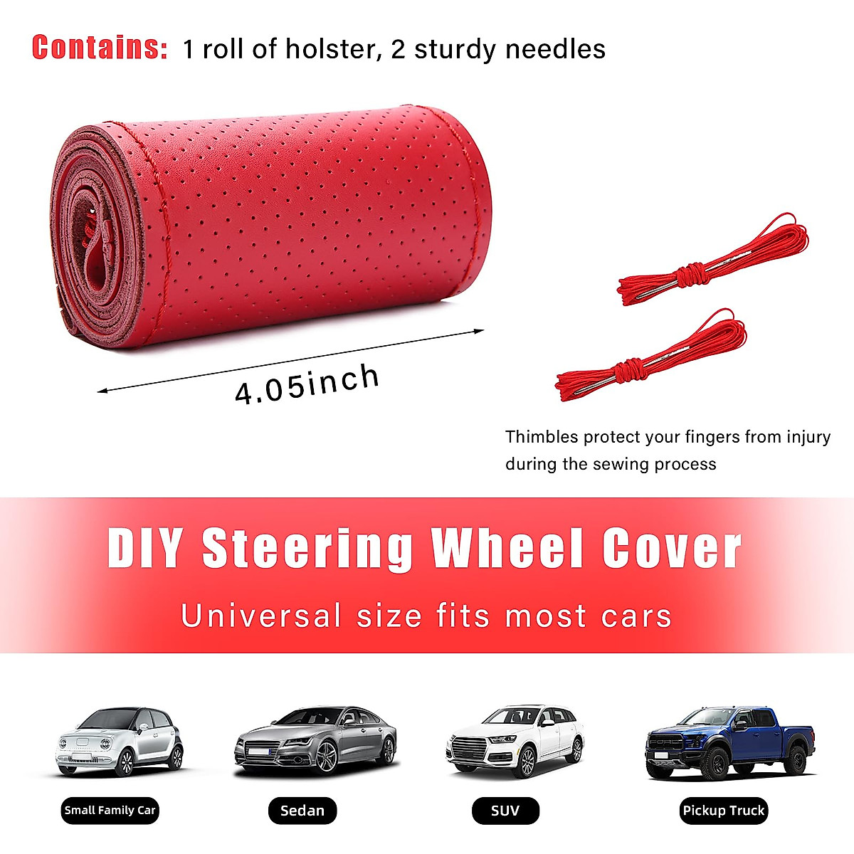 Augeny Genuine Leather Steering Wheel Cover, Breathable Anti-Slip Car Steering Wheel Protector Stitch on Wrap for Max Diameter 15 Inch, DIY Sewing with Needle Thread (Full Hole, Red)