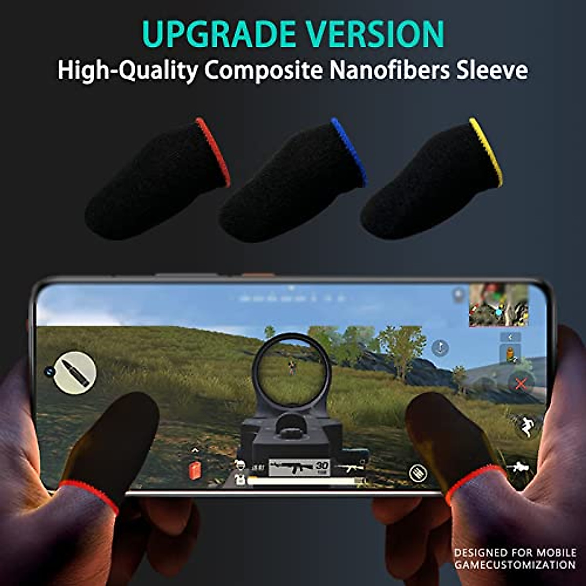 30 Pack Mobile Phone Gaming Finger Sleeves, Nuozme Finger Sleeves Fit All Touchscreen Devices, 0.15mm Nanofibers, Smooth Feel, Anti-Sweat, Extremely Thin, Zero-Seam Design,Red, Yellow and Blue Edge