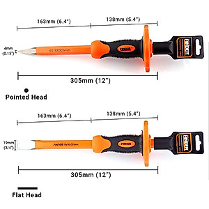 Finder 2 pcs 12-Inch Heavy Duty Chisels Set With Hand Protection, Flat Head and Pointed/Spear Head, Demolishing/Masonry/Carving/Concrete Breaker Chisels set with Bi-Material Hand Guard …